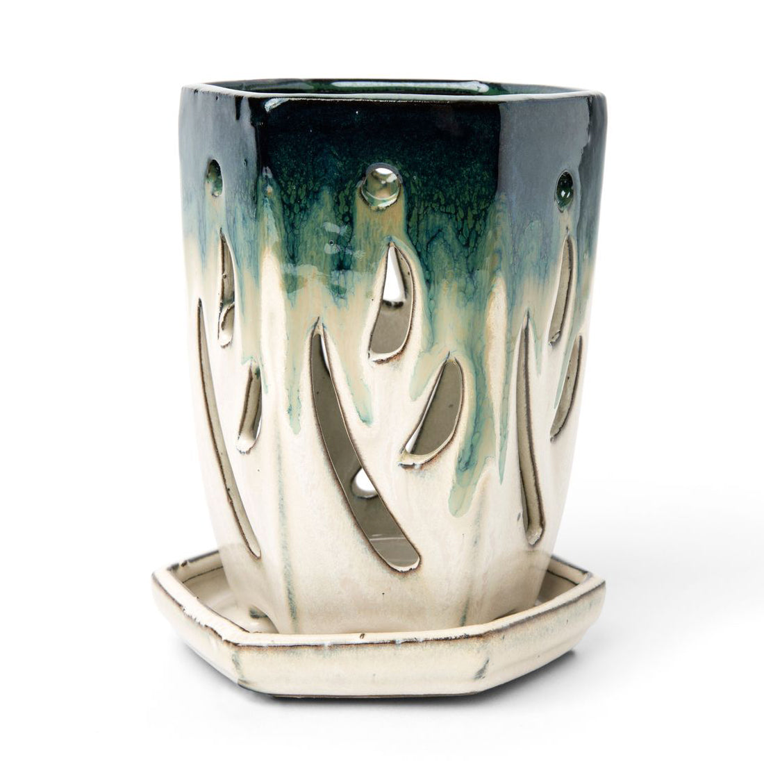 4" x 6" Evergreen Emerald Over Cream Fluted Hexagon Ceramic Orchid Pot ...